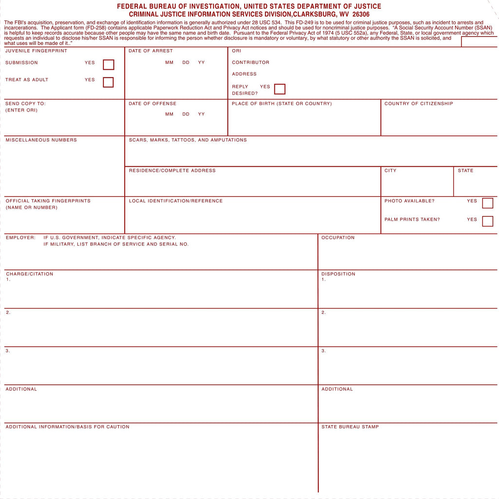FD 249 Criminal Booking - Fingerprint Card – Certifix Live Scan